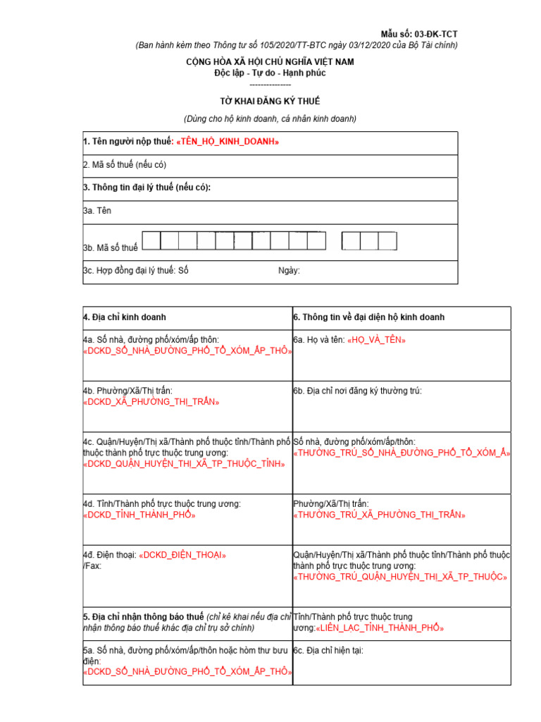 Form Dang Ky Thue | PDF