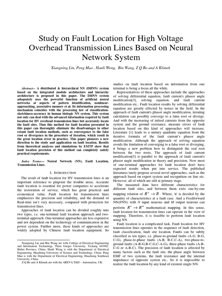 Neural Network Fault Location for HV Lines | PDF | Transmission Line ...