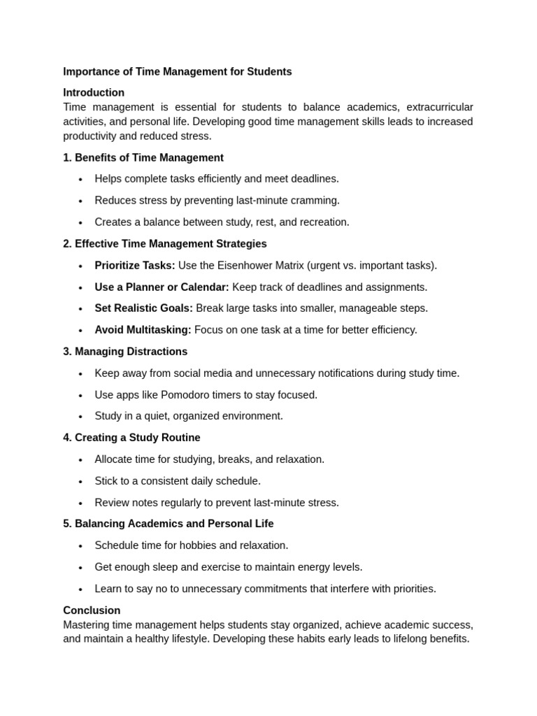 Importance of Time Management for Students | PDF
