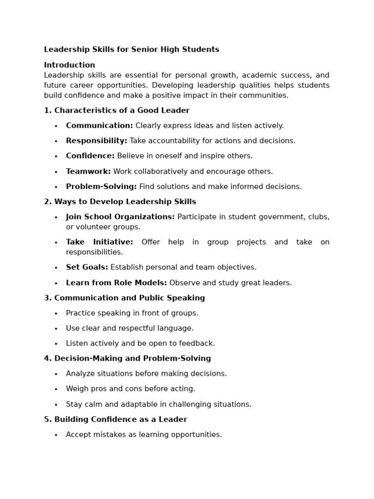 Leadership Skills For Senior High Students | PDF