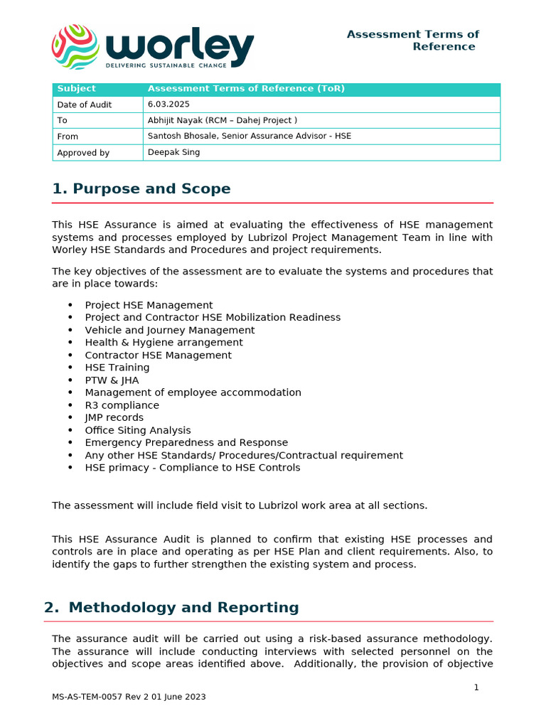 HSE Assurance Audit Terms of Reference | PDF | Audit | Business