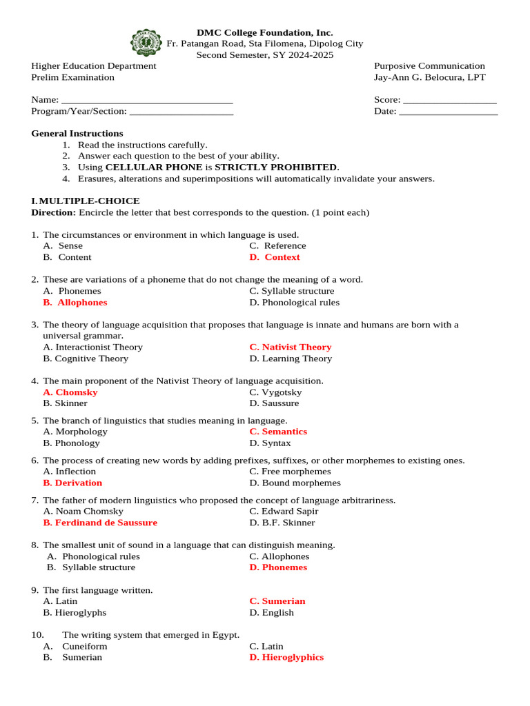 Prelim Examination - Answer Key | PDF | Semantics | Word
