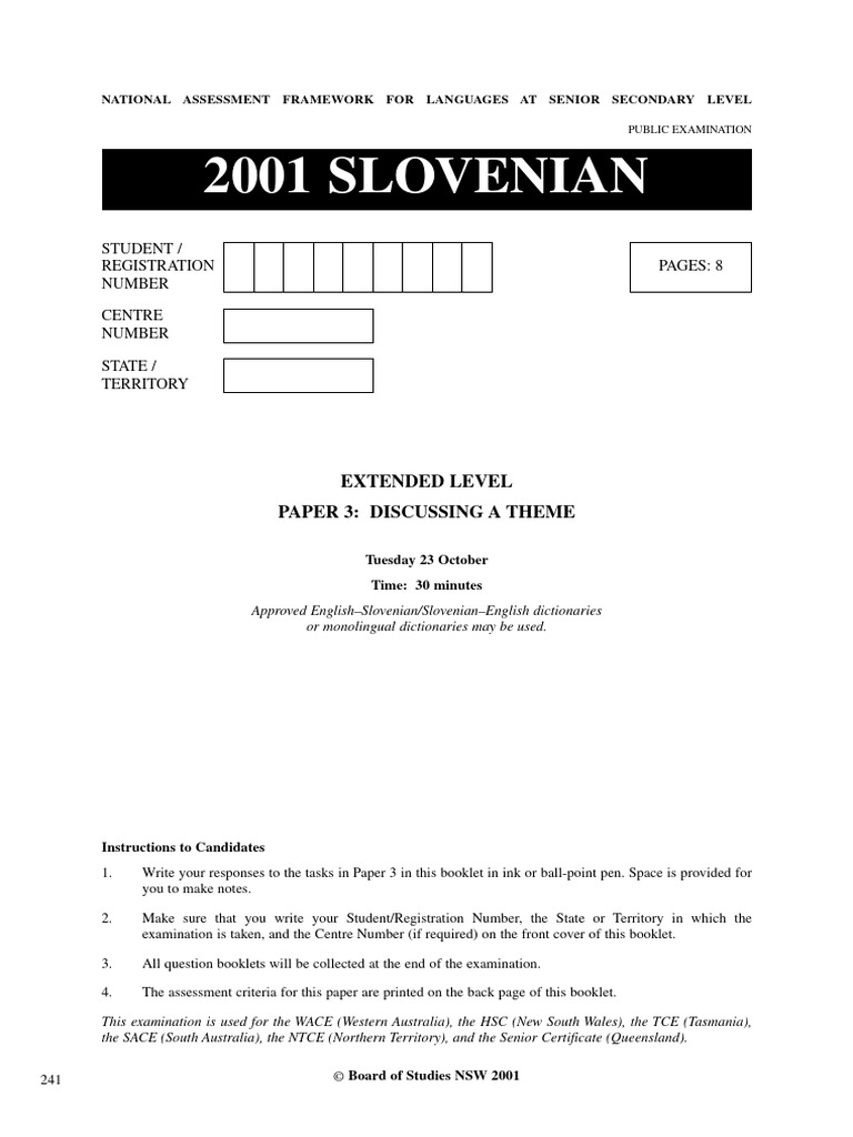 Slovenian HSC Exam Paper 3 2001 | PDF