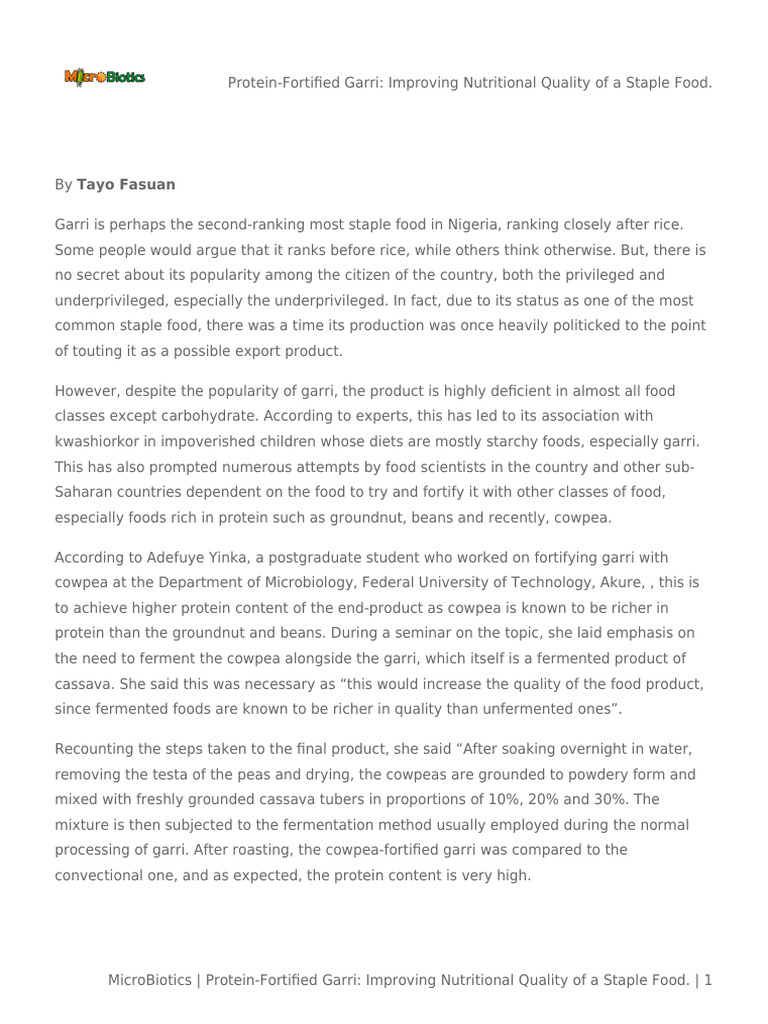 Protein-Fortified Garri - Improving Nutritional Quality of A Staple ...