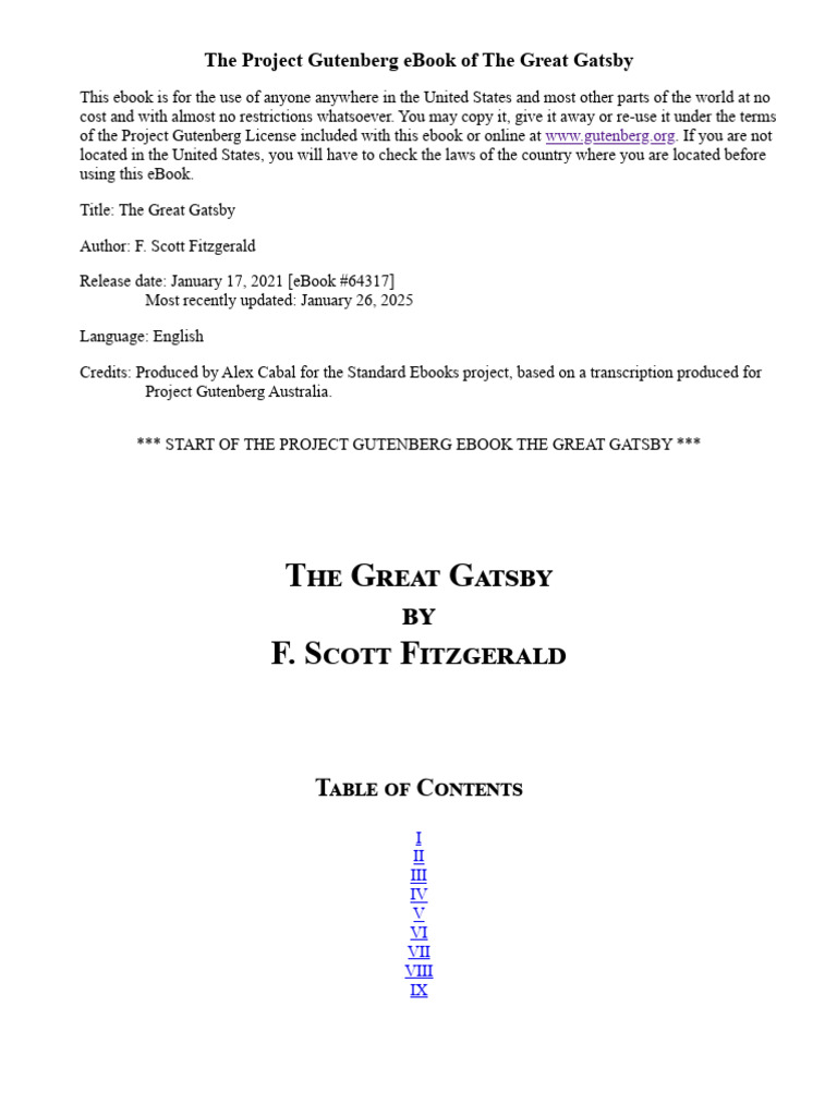 The Project Gutenberg Ebook of The Great Gatsby | PDF | The Great Gatsby