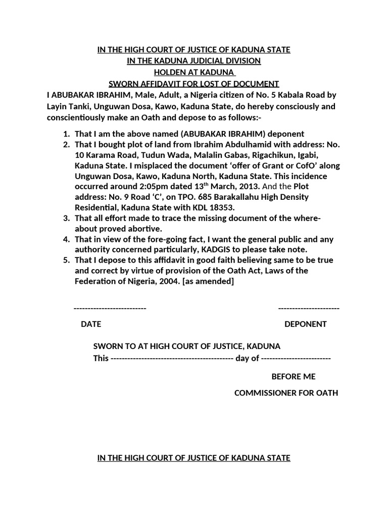 In The High Court of Justice of Kaduna State - Sani Miji Work | PDF | Assignment (Law) | Affidavit