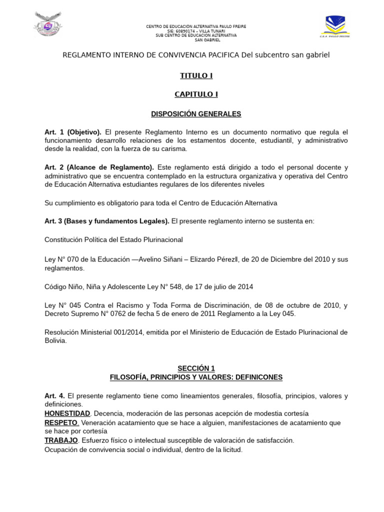 Reglamento Intermo de Convivencia Pacifica | PDF | Discriminación y ...