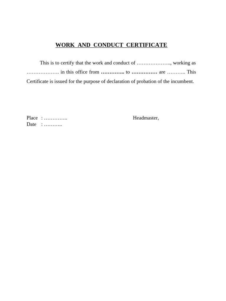 Work and Conduct Certificate Template | PDF
