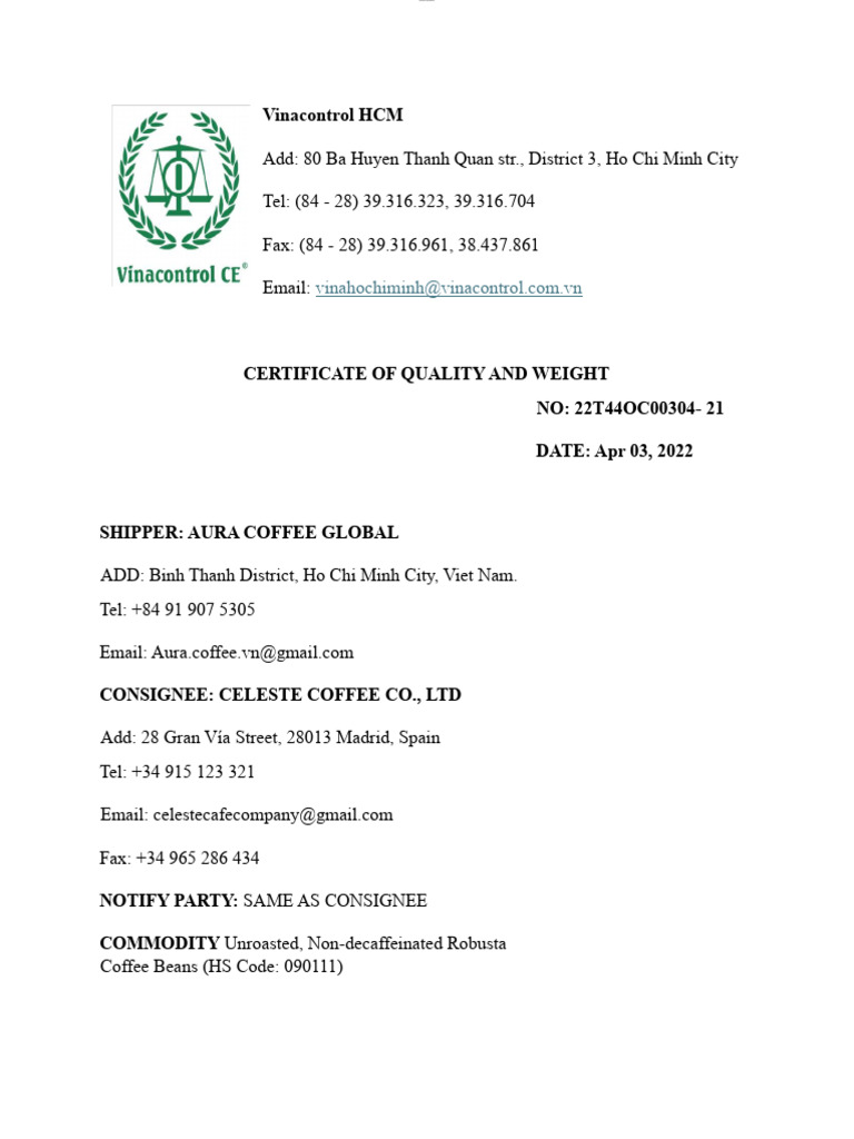 Vinacontrol HCM Quality Certificate | PDF