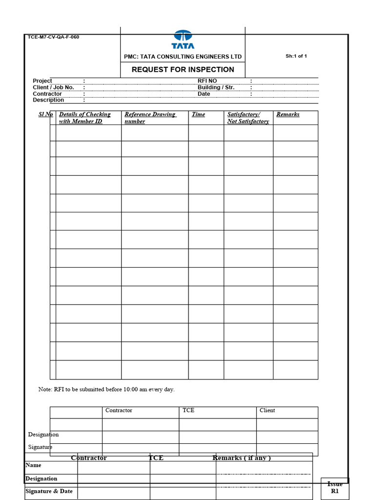 CV Qa F 060 Request For Inspection Rfi | PDF