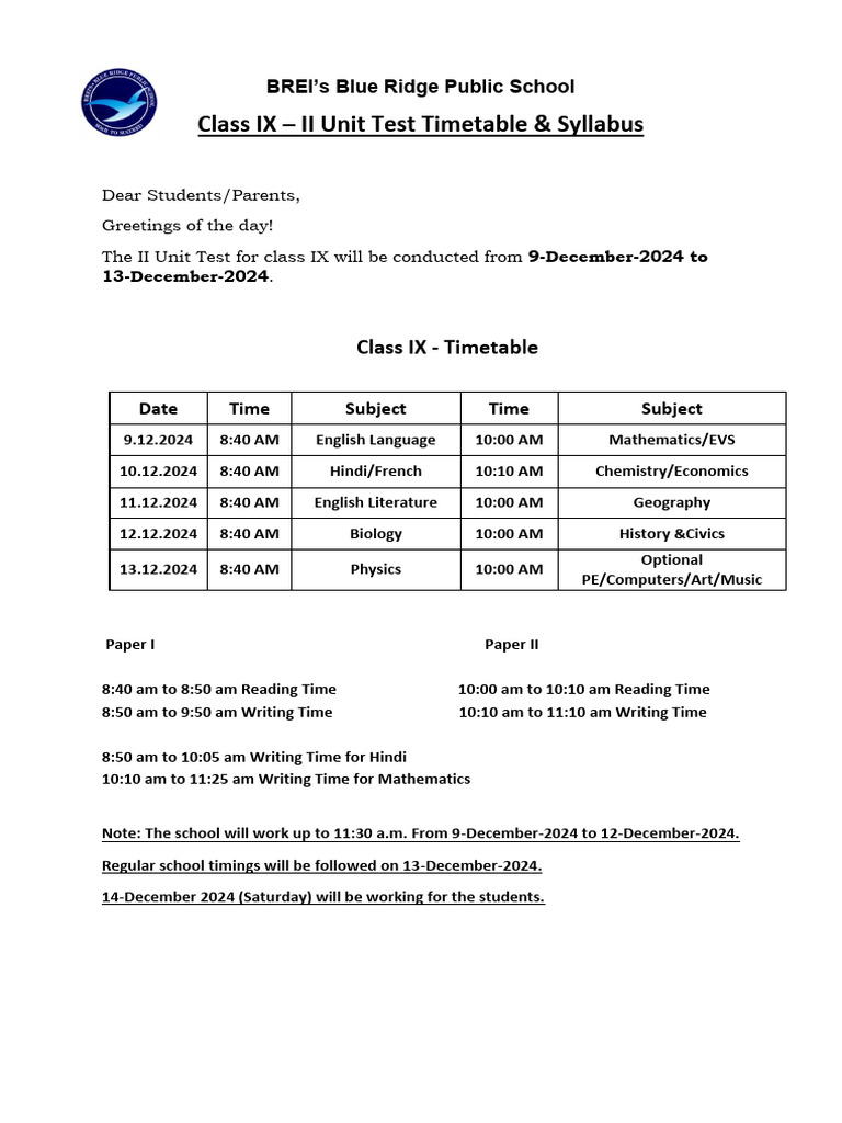Class IX Unit Test II Syllabus Timetable | PDF | English Language ...