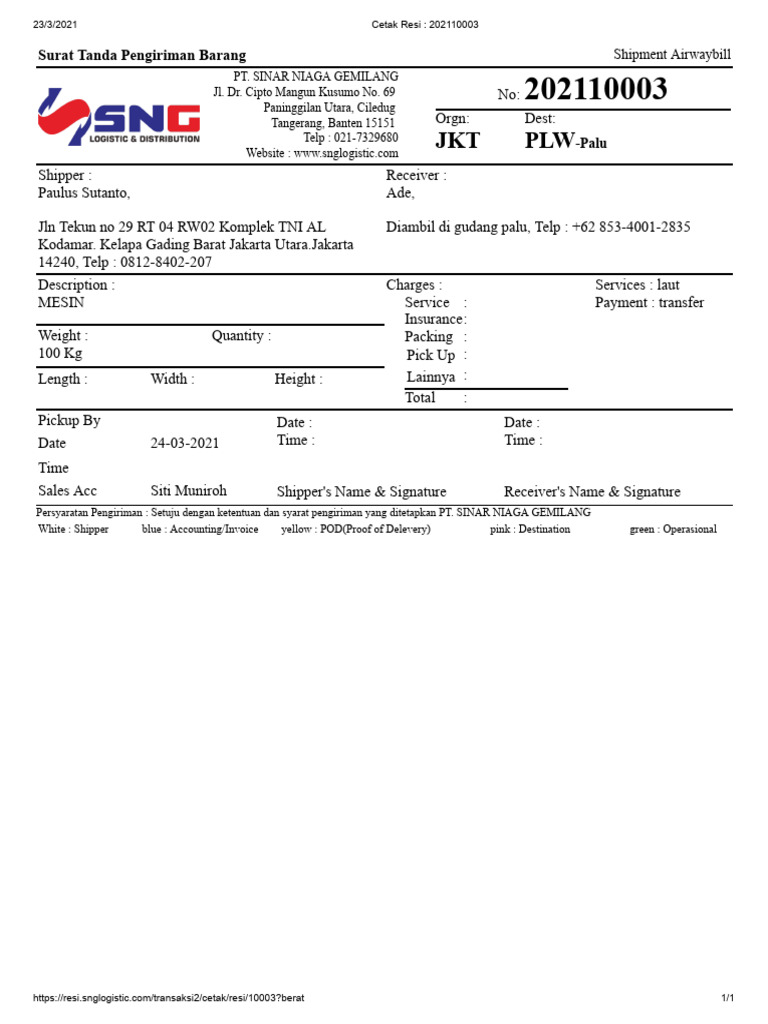 Contoh Resi Pengiriman SNG Logistic | PDF