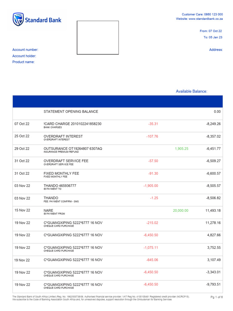 Standard Bank 3-Month Statement Summary | PDF | Banks | Cheque