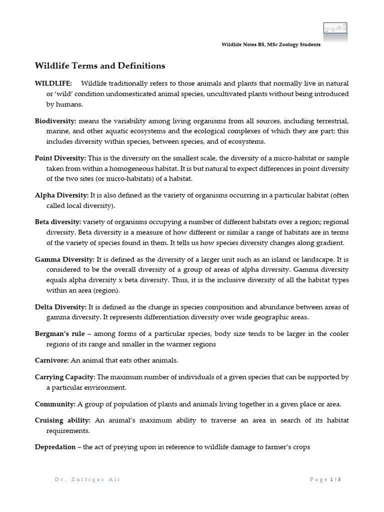 Wildlife Terms and Definitions Guide | PDF | Biodiversity | Wildlife