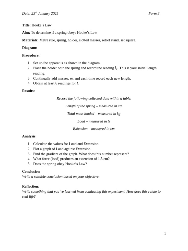 Hooke's Law Practical | PDF