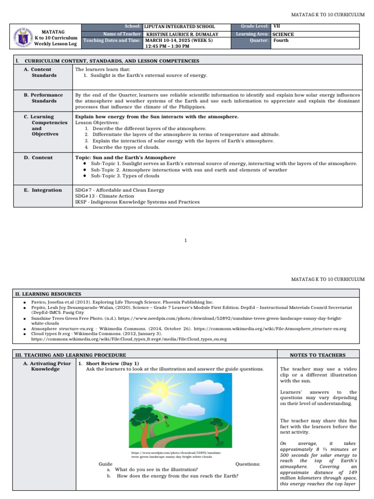 DLL Matatag - Science 7 Q4 W5 | PDF | Atmosphere Of Earth | Cloud