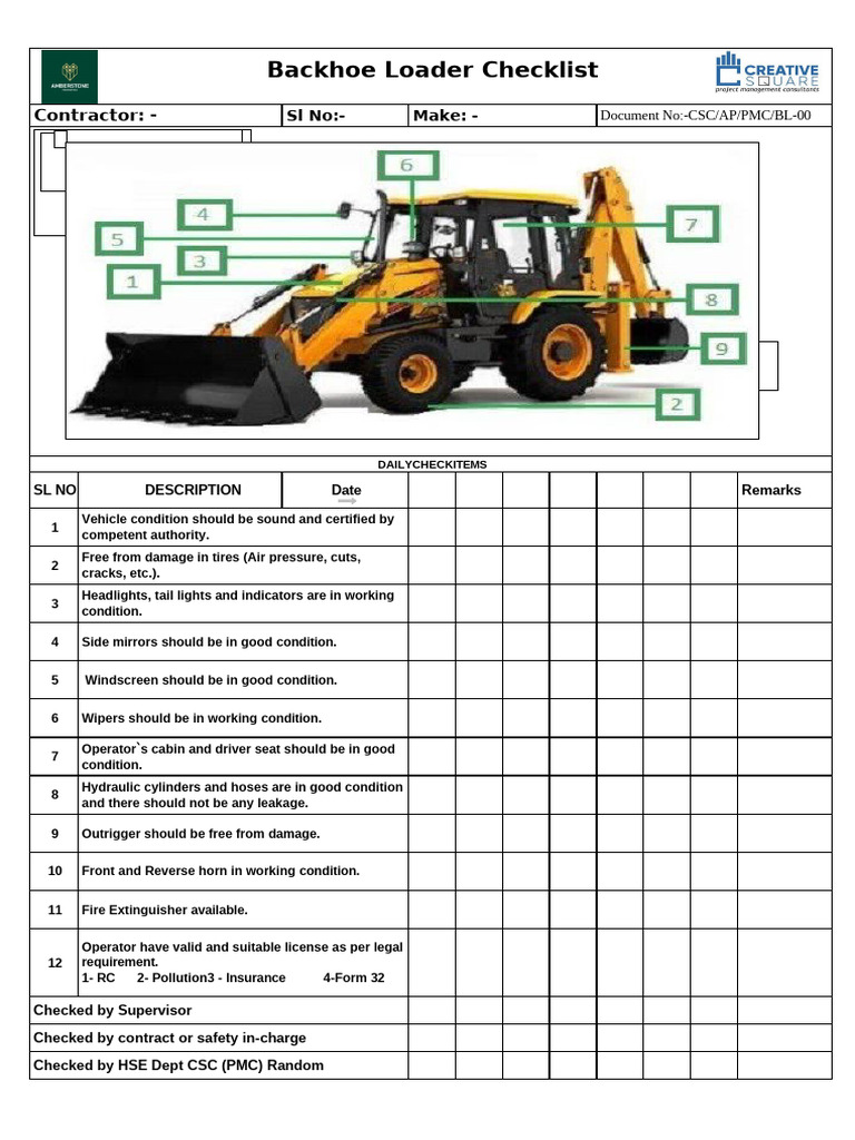 Backhoe Loader Inspection Checklist | PDF