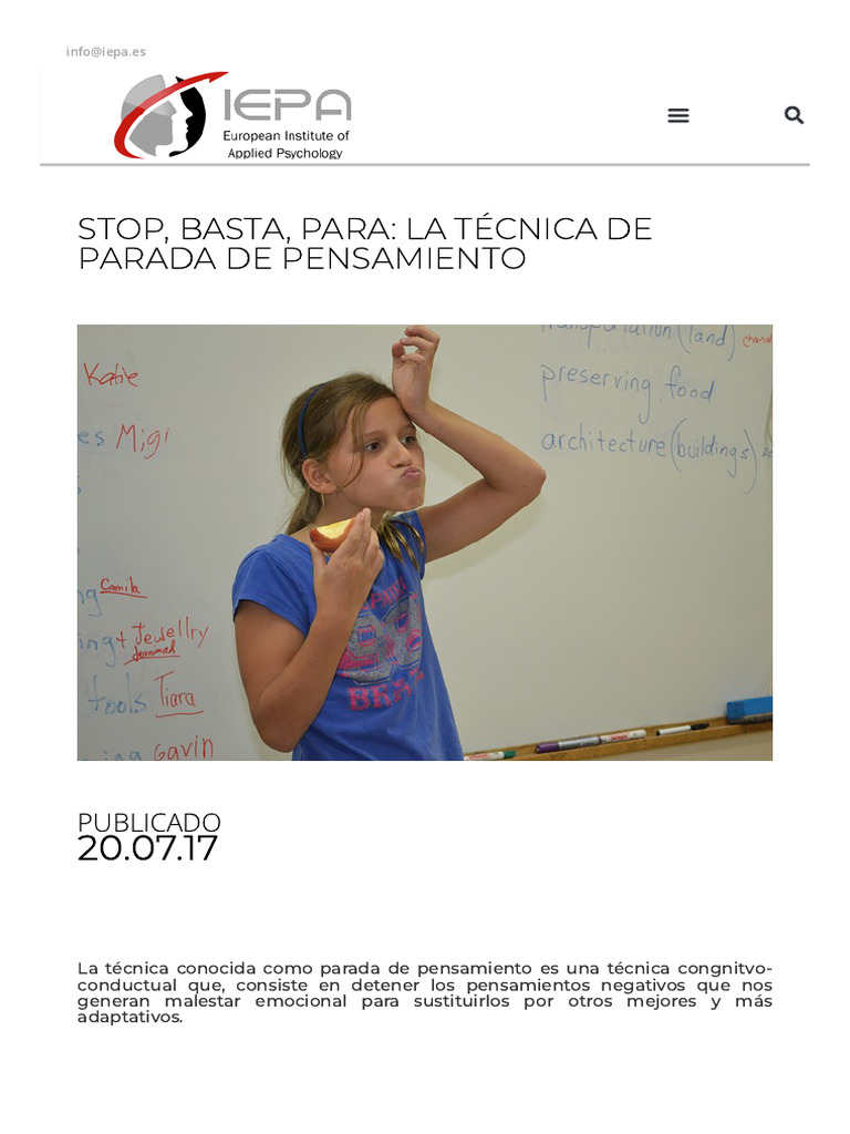 STOP, BASTA, PARA - La Técnica de Parada de Pensamiento - IEPA | PDF