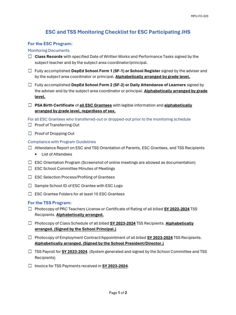 2024 ESC Monitoring Checklist for ESC Participating JHS | PDF