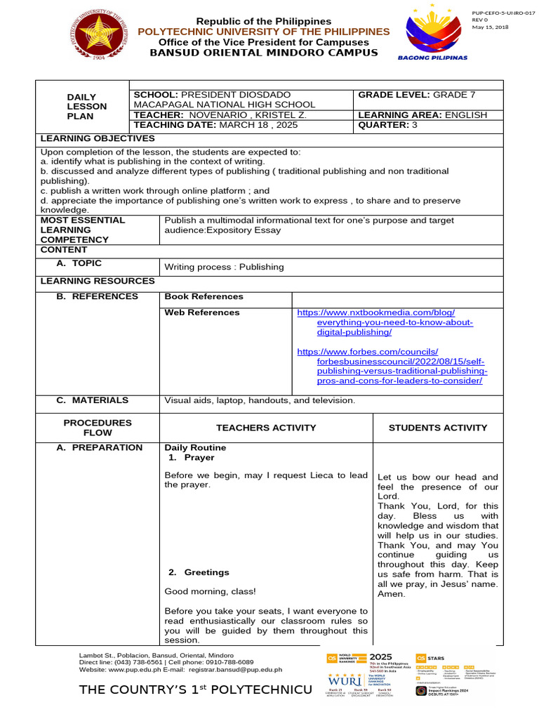 Grade 7 English Lesson Plan: Publishing | PDF | Publishing | Books