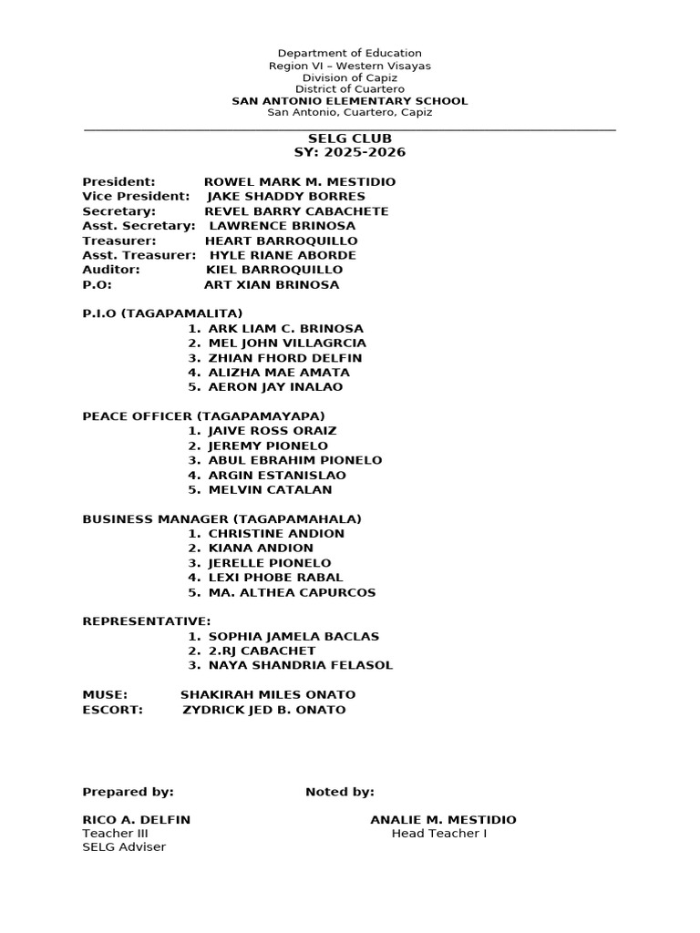 SELG Club Officers 2025-2026 List | PDF
