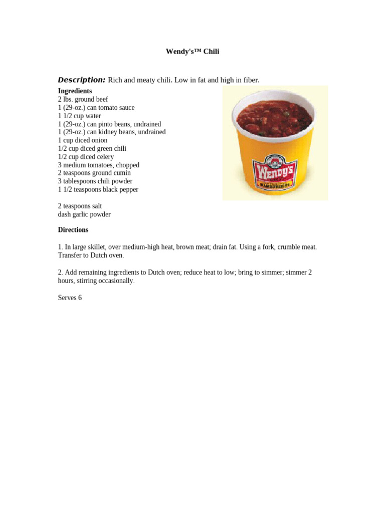 Wendy's Chili Recipe: Hearty & Healthy | PDF