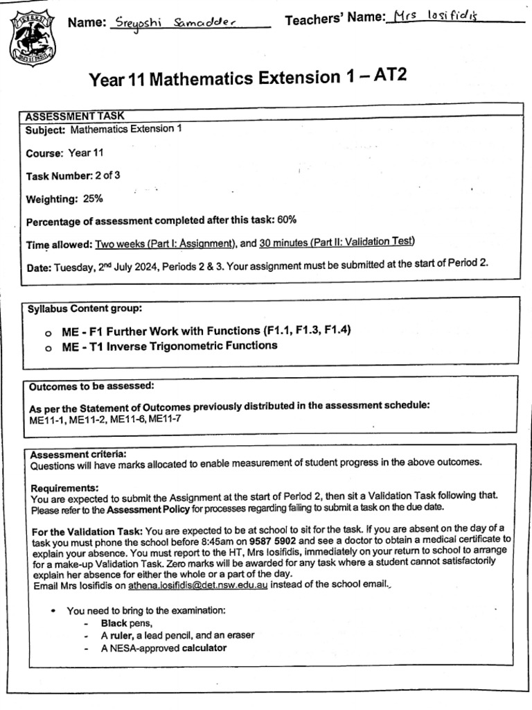 Year 11 Math Extension 1 | PDF