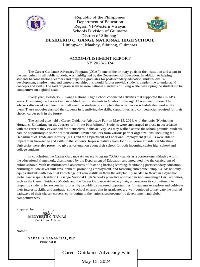 CGAP Accomplishment Report Sy 2023-2024 | PDF | Learning | Cognition