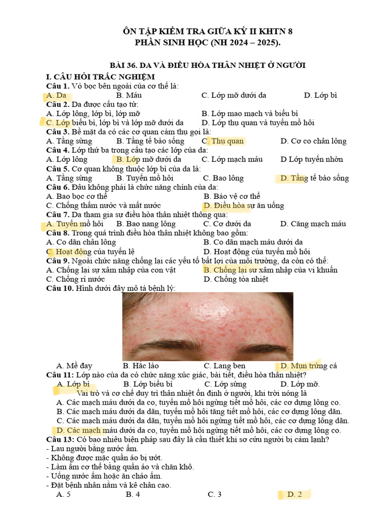 ÔN TẬP KIỂM TRA GIỮA KỲ 2 - KHTN8 - Sinh - HS | PDF