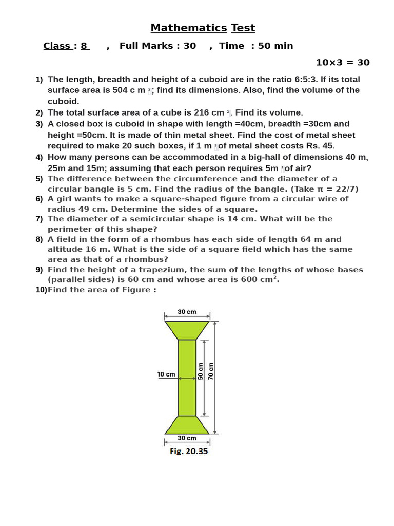 Mathematics Test: Class: 8, Full Marks: 30, Time: 50 Min 10×3 30 | PDF