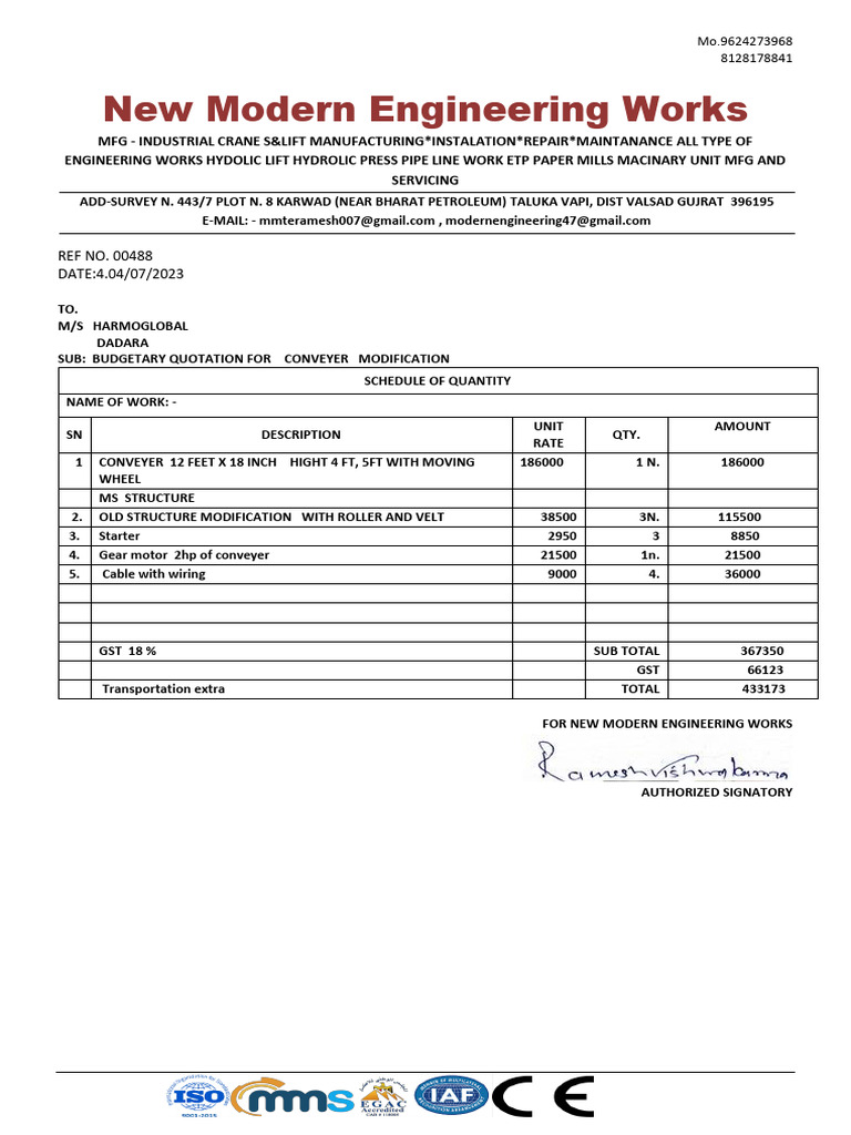Budget Quotation for Conveyor Modification | PDF