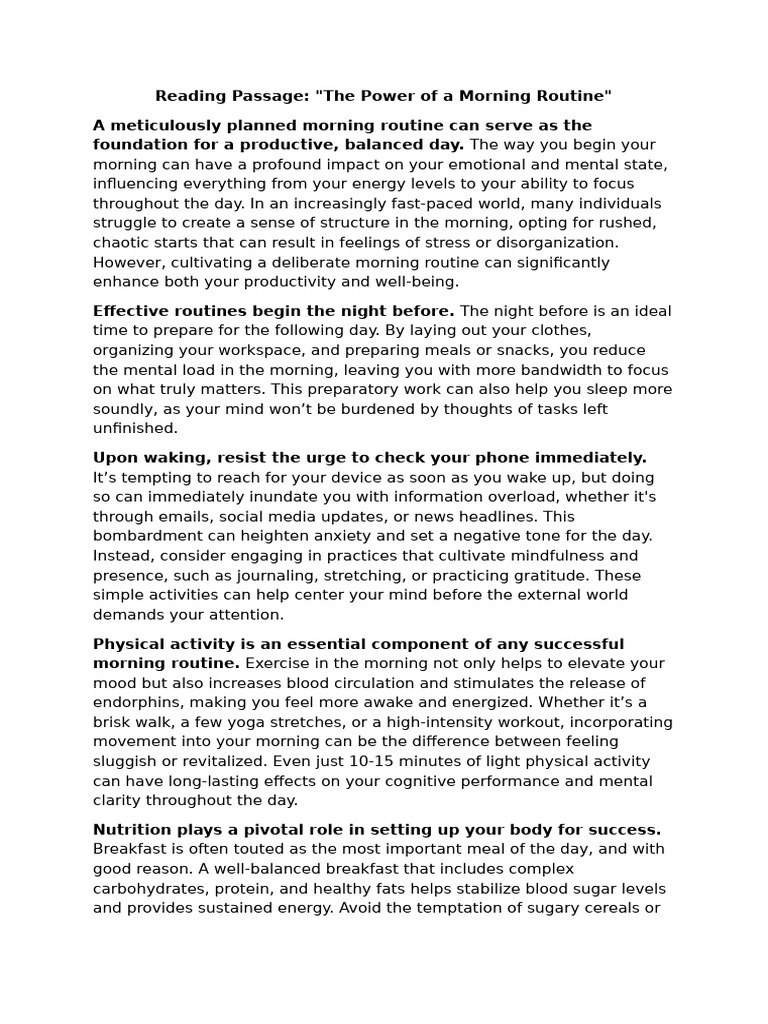 Reading Passage The Power of A Morning Routine | PDF | Psychology ...