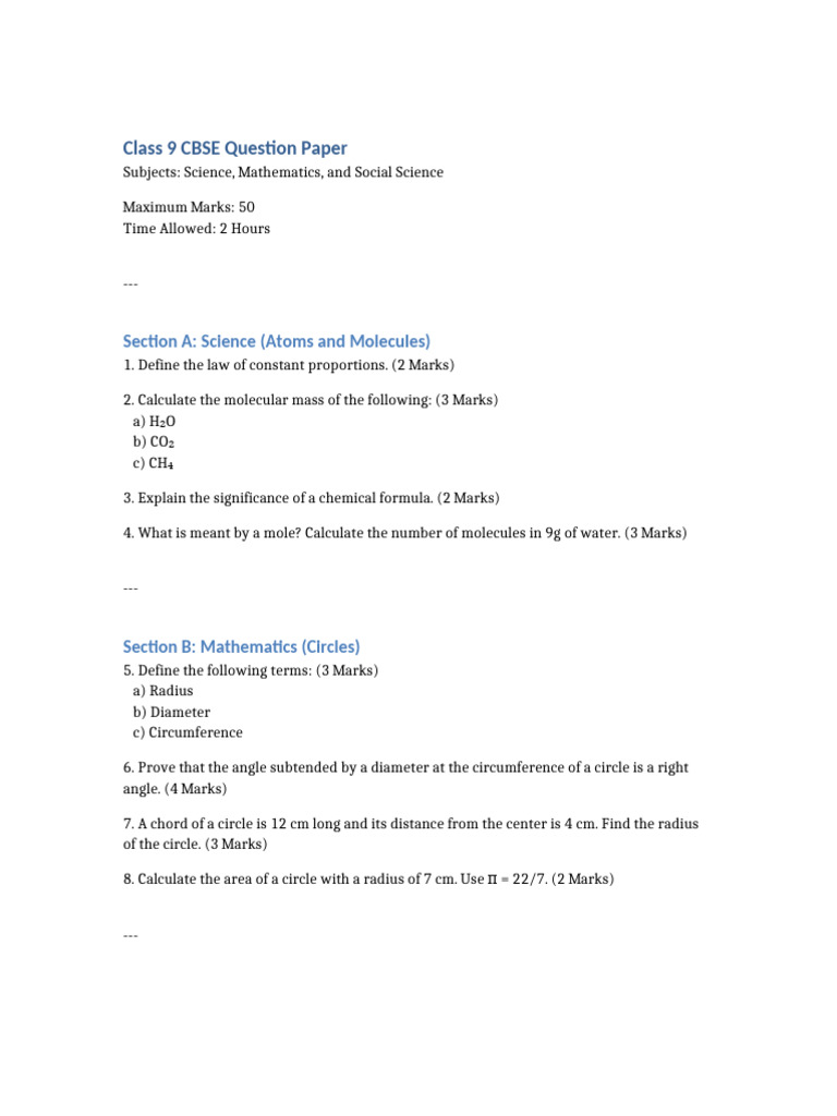 Class 9 CBSE Question Paper-1 | PDF