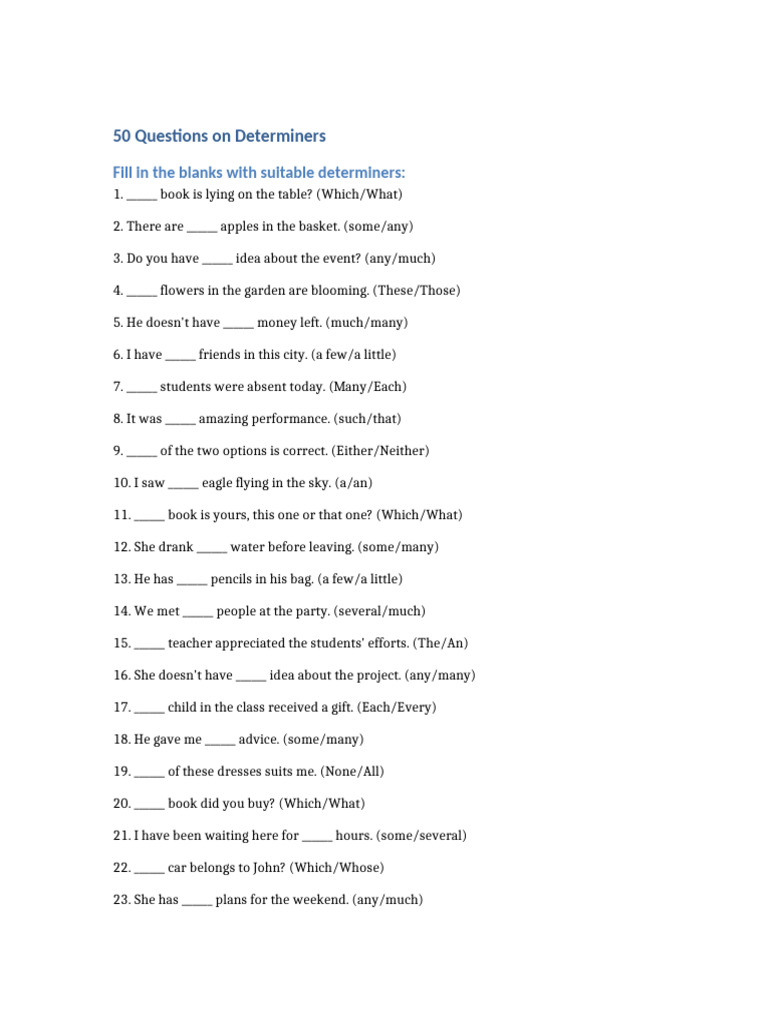 50 Questions On Determiners | PDF