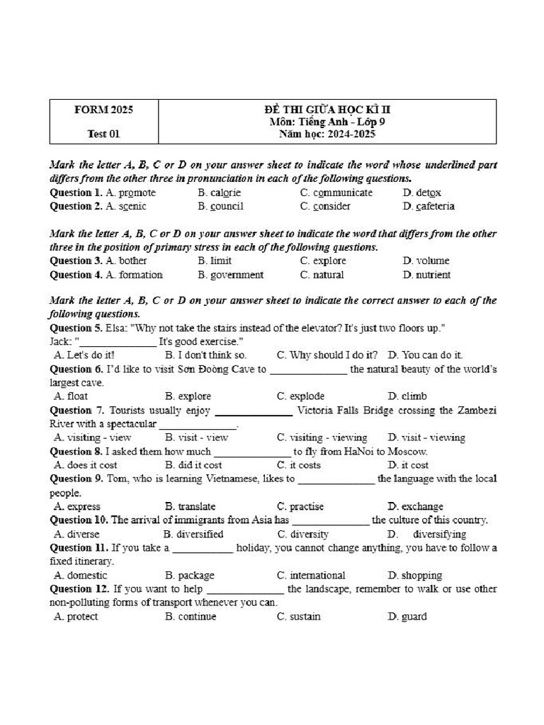 đề giữa kì 2 anh 9 | PDF