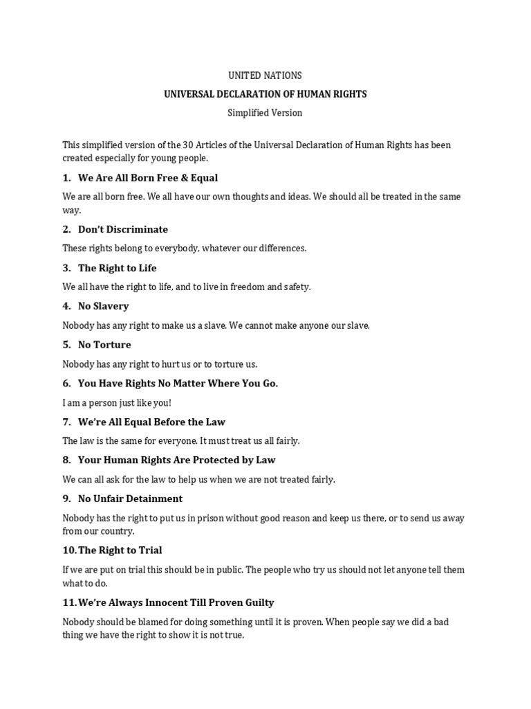 UN Universal Declaration of Human Rights (UHDR) Simplified | PDF | Human Rights | Social Ethics