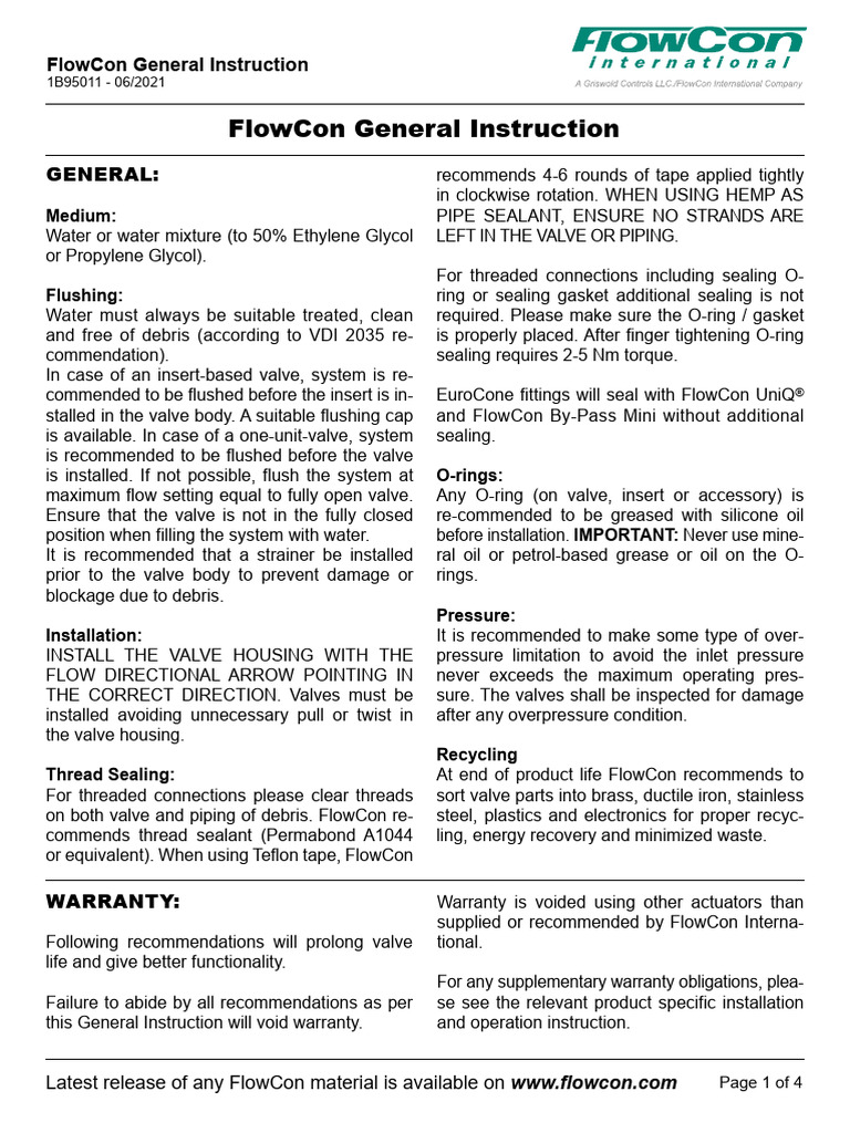 FlowCon General Instruction | PDF | Valve | Pipe (Fluid Conveyance)