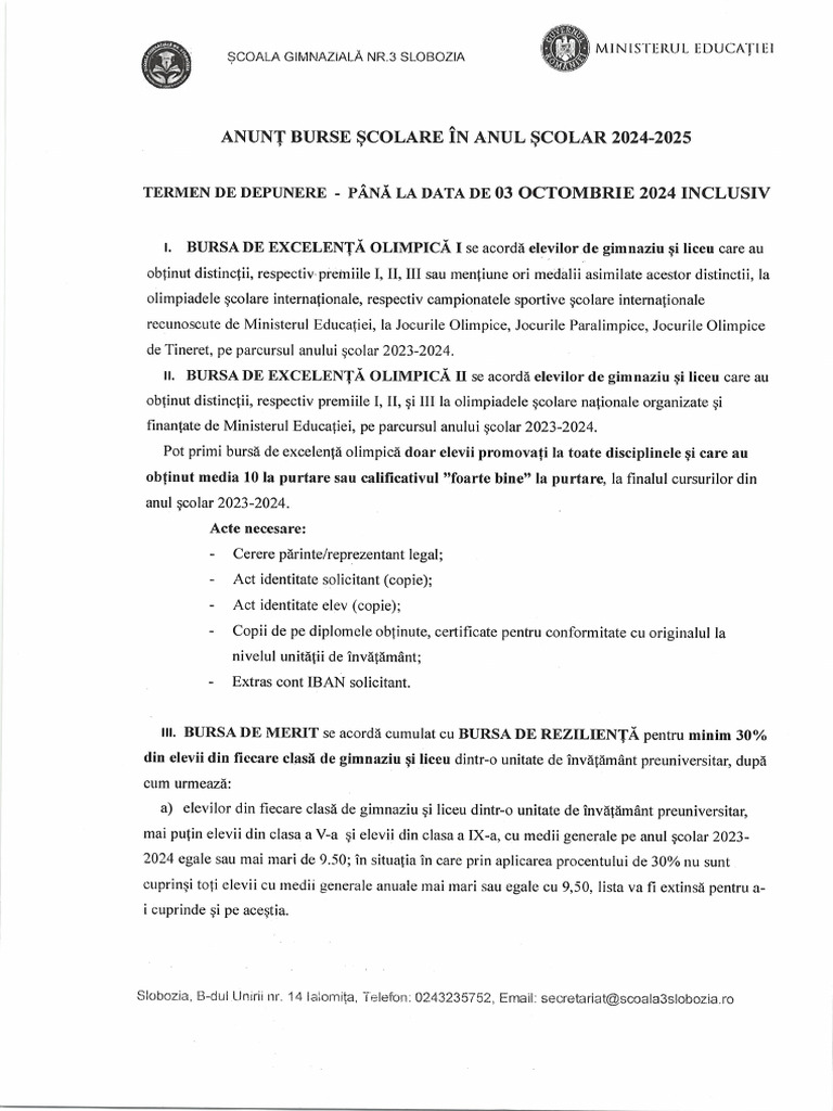 Anunt Burse Scolare 2024-2025 | PDF