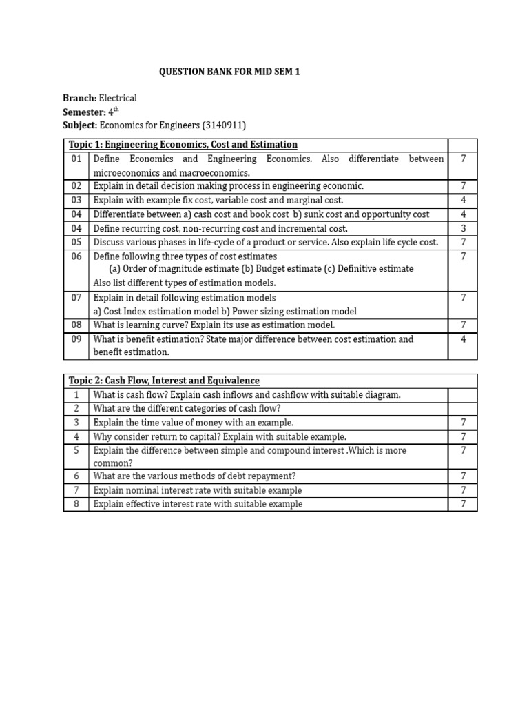 Question Bank For Mid Sem 1 | PDF