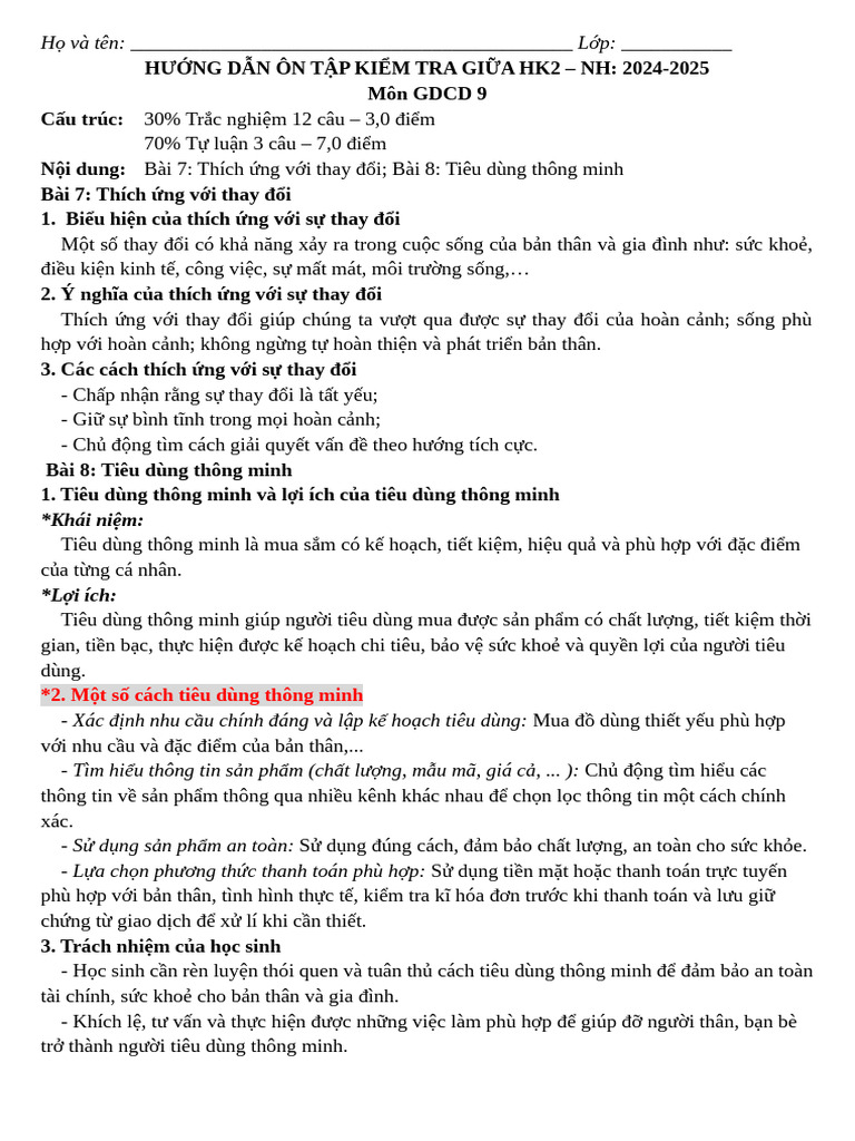 GDCD 9 - HƯỚNG DẪN ÔN TẬP KIỂM TRA GIỮA HK2 | PDF