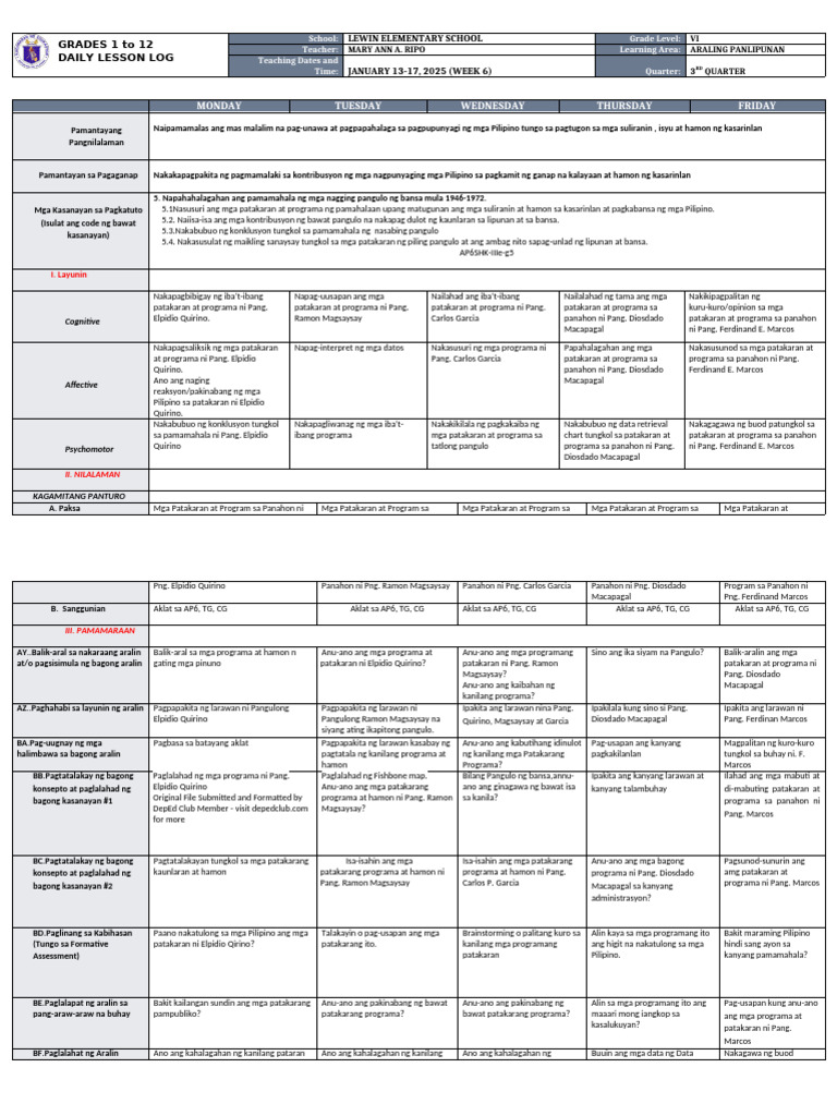 DLL - Araling Panlipunan 6 - Q3 - W6 | PDF