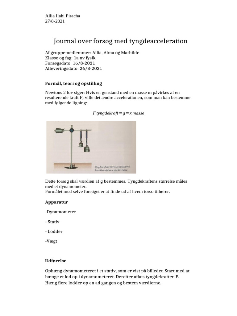 Fysik Rapport Bestemmelse Af Tyndeaccerlerationen | PDF