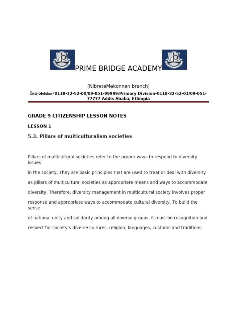 Grade 9 Citizenship: Multicultural Pillars | PDF