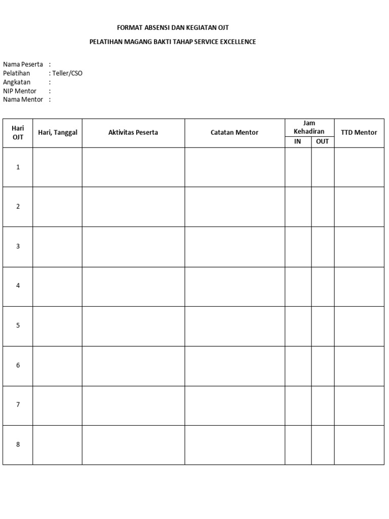 Format Absensi Dan Kehadiran OJT Magang Bakti | PDF
