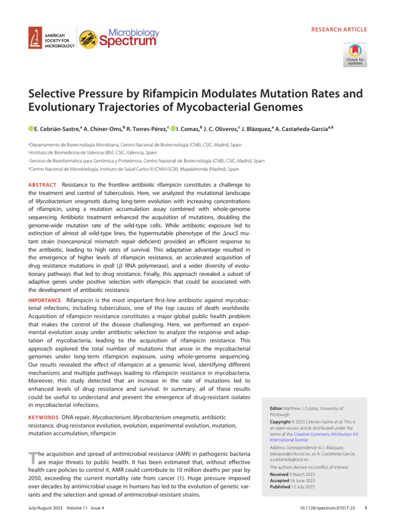 Selective Pressure by Rifampicin Modulates Mutation Rates and ...