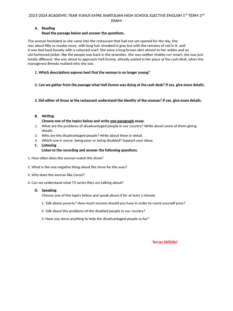 2023-2024 English Exam for High School | PDF