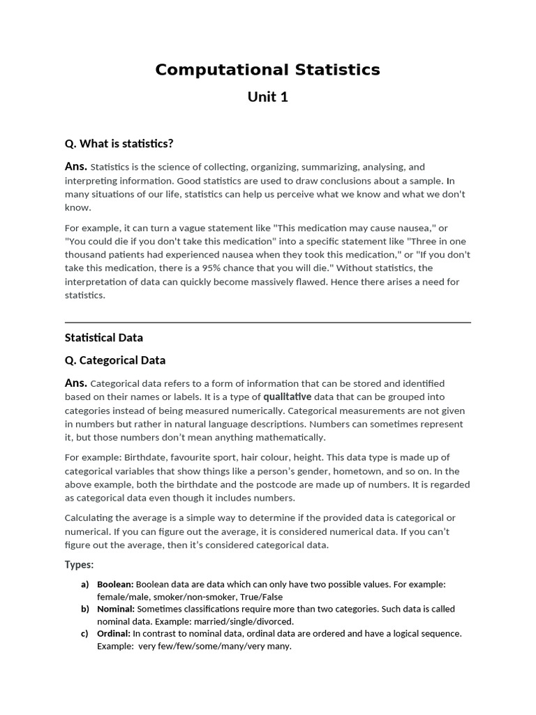 Unit 1 Computational Statistics | PDF | Median | Mean