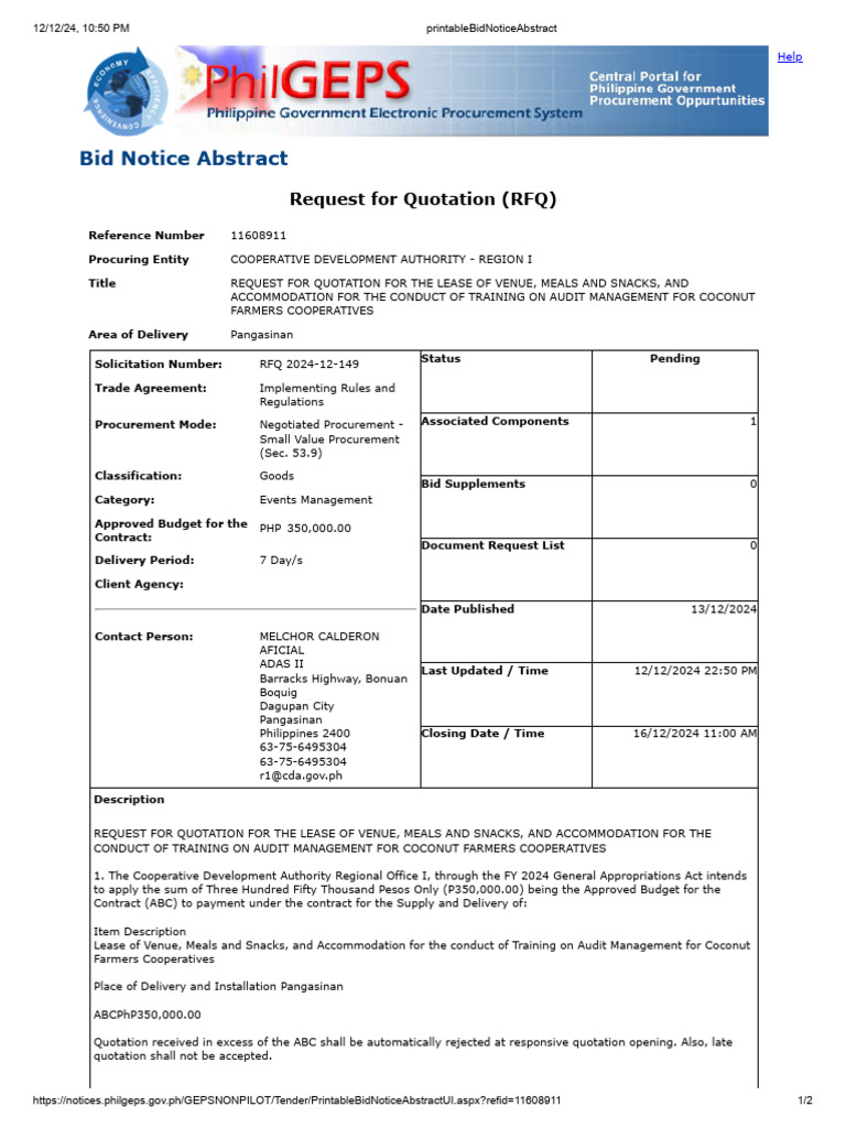 RFQ for Training Venue and Meals | PDF | Business