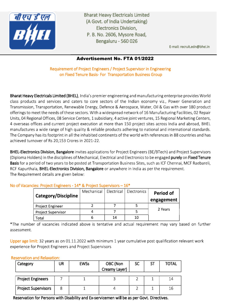Bhel Project Engineer Posts | PDF