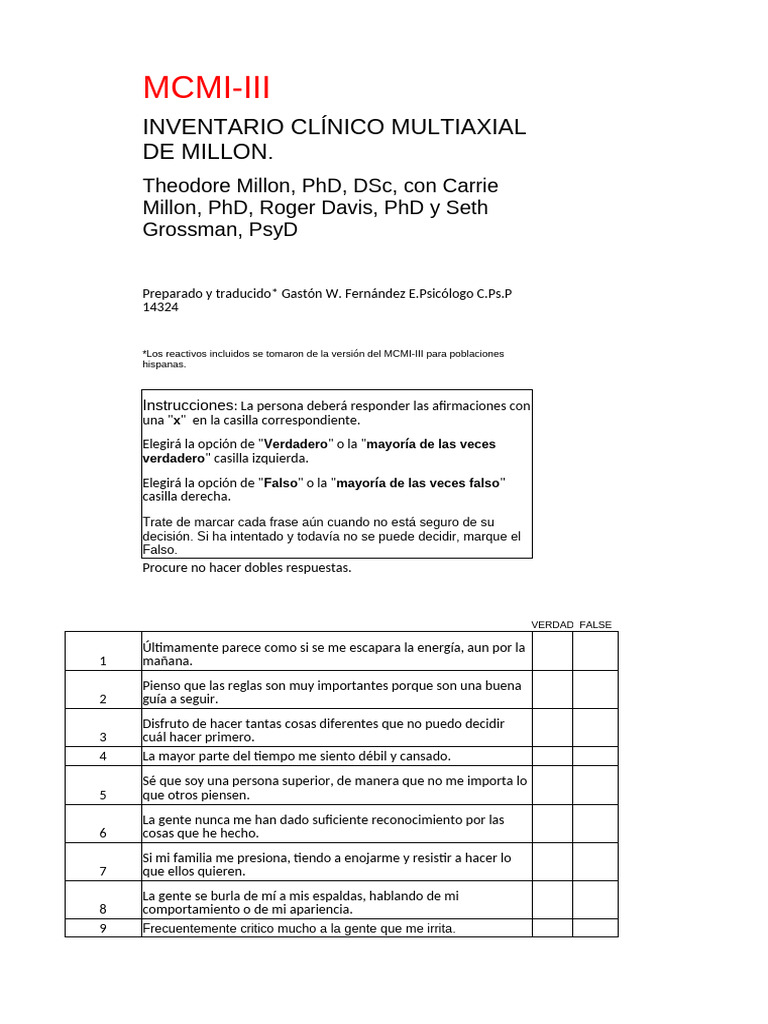 Test Millon III | PDF | Sicología | Ciencias del comportamiento